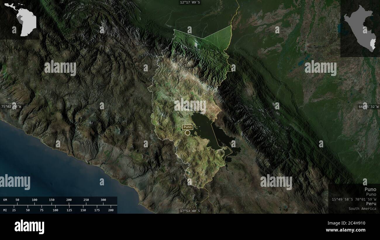 Puno, region of Peru. Satellite imagery. Shape presented against its ...