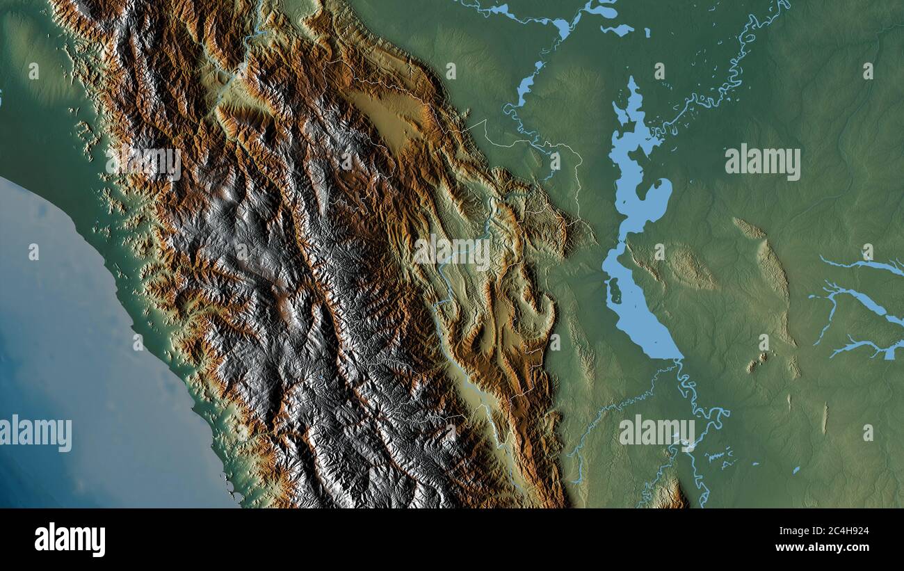 San Martín, region of Peru. Colored relief with lakes and rivers. Shape ...