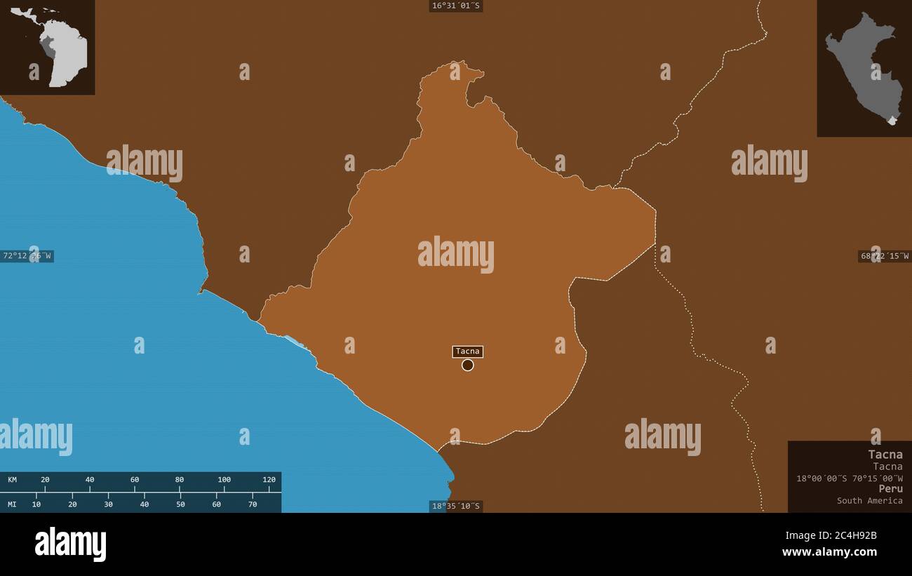 Tacna, region of Peru. Patterned solids with lakes and rivers. Shape ...