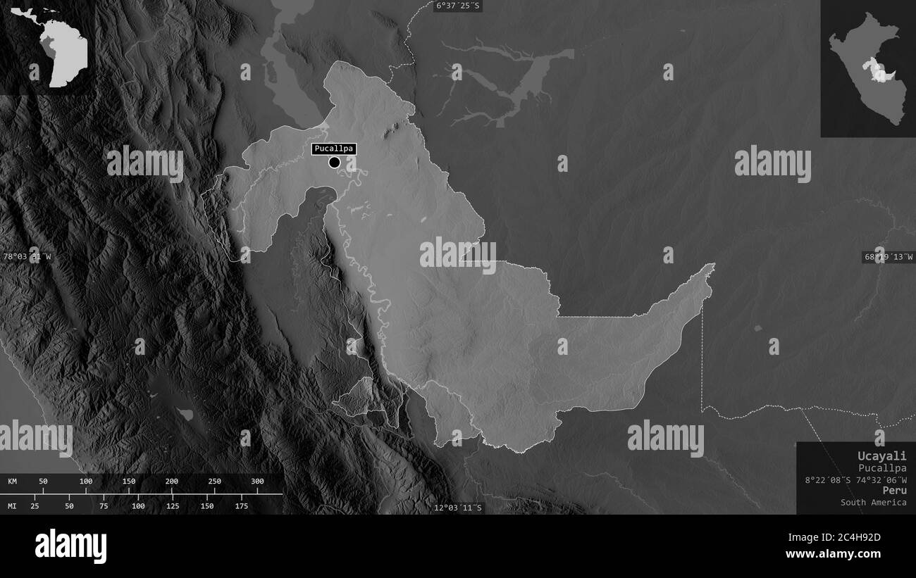 Ucayali, region of Peru. Grayscaled map with lakes and rivers. Shape ...