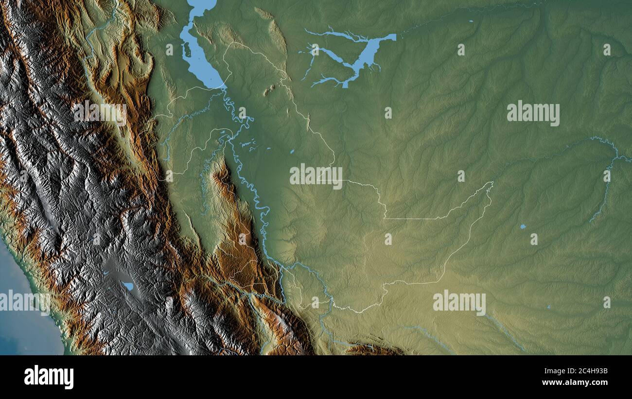 Ucayali, region of Peru. Colored relief with lakes and rivers. Shape ...