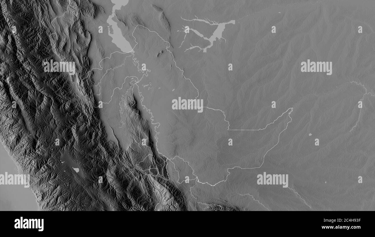 Ucayali, region of Peru. Grayscaled map with lakes and rivers. Shape ...
