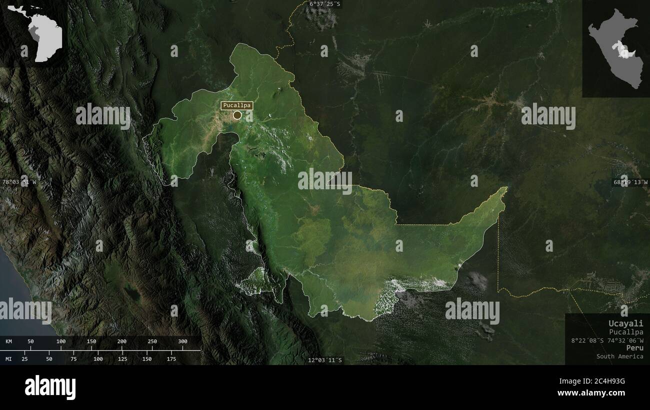 Ucayali, region of Peru. Satellite imagery. Shape presented against its ...