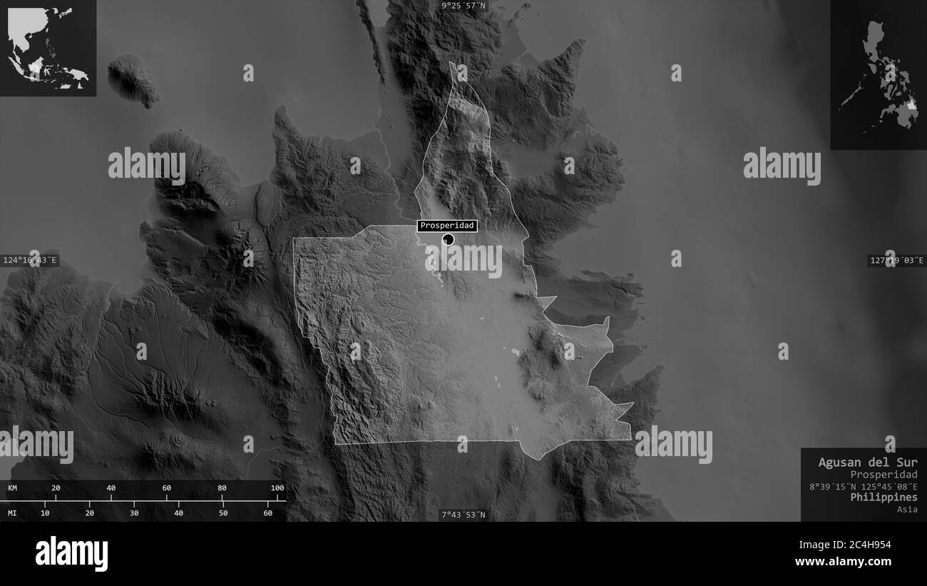 Agusan del Sur, province of Philippines. Grayscaled map with lakes and ...