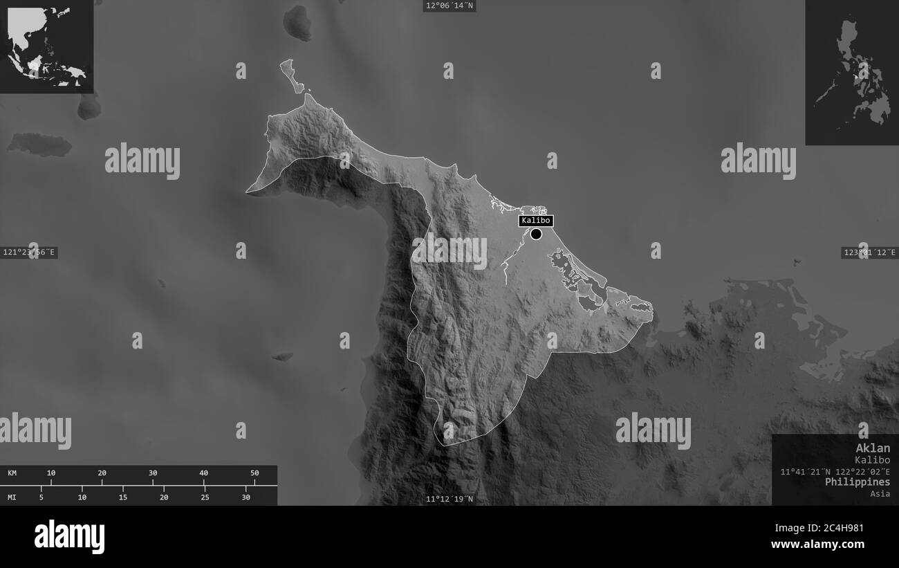 Aklan, province of Philippines. Grayscaled map with lakes and rivers ...