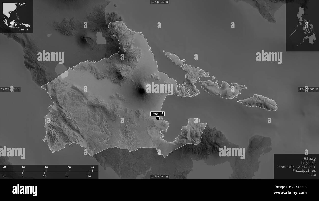 Albay, province of Philippines. Grayscaled map with lakes and rivers ...