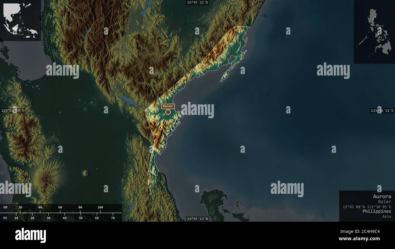 Aurora, province of Philippines. Colored relief with lakes and rivers ...