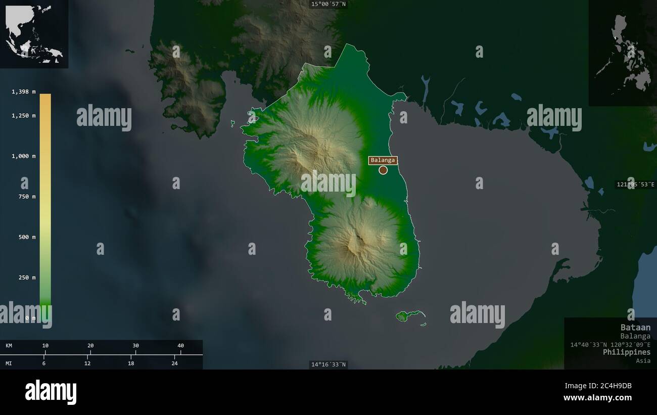 Bataan, province of Philippines. Colored shader data with lakes and ...