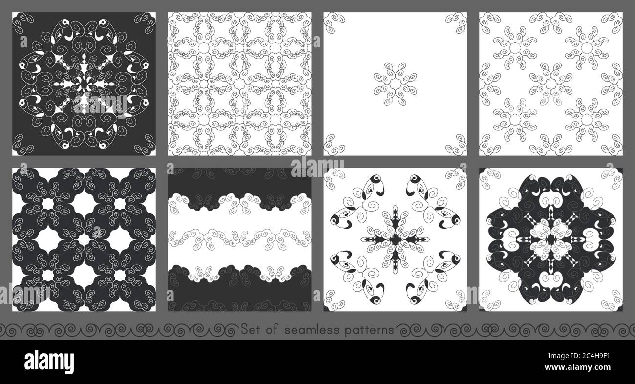 Set of seamless patterns with spirals. Grey, dark grey and white ...
