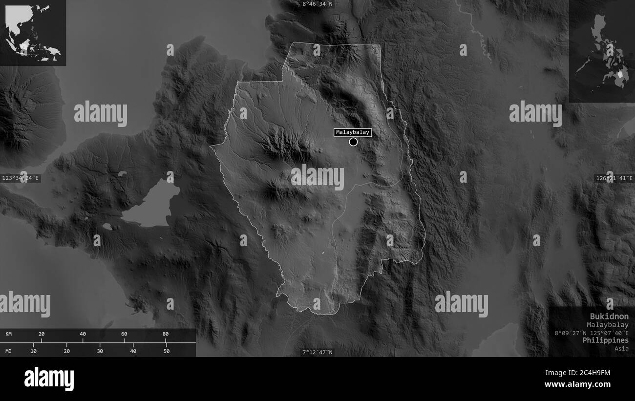 Bukidnon, province of Philippines. Grayscaled map with lakes and rivers ...