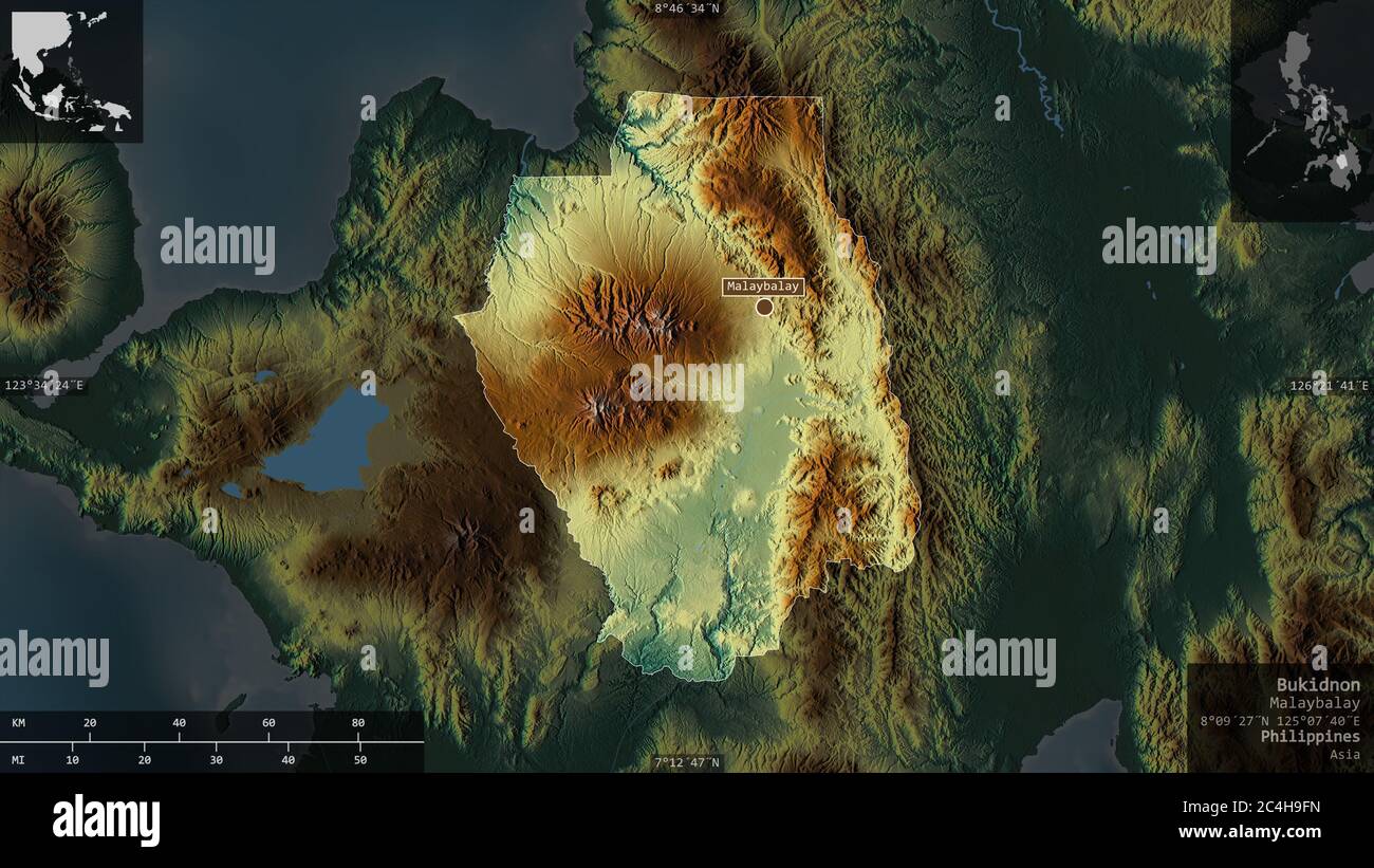 Bukidnon, province of Philippines. Colored relief with lakes and rivers ...