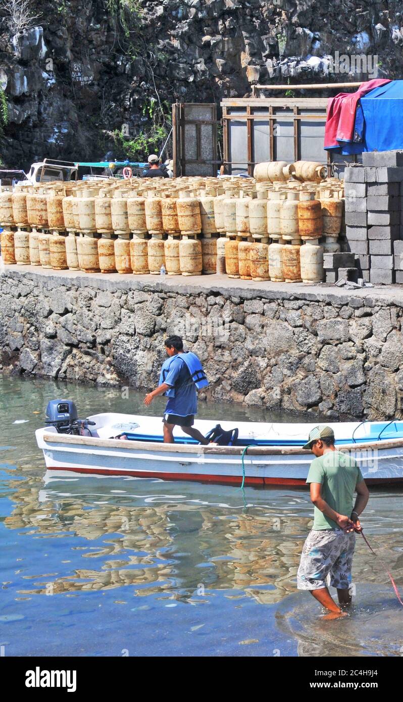 gaz cylinder on the quay of port, Puerto Ayora, Santa Cruz island ...