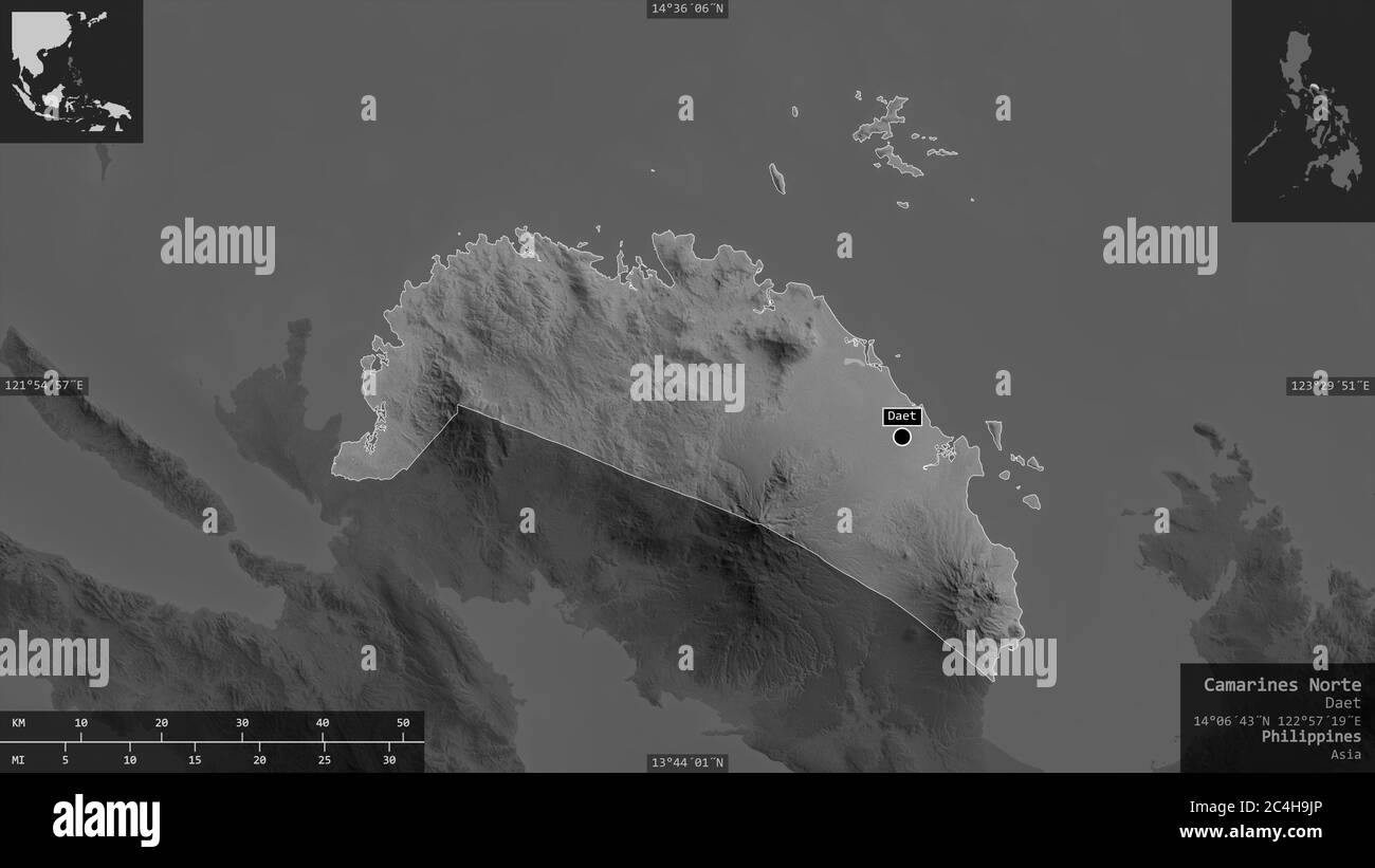 Camarines Norte, province of Philippines. Grayscaled map with lakes and ...