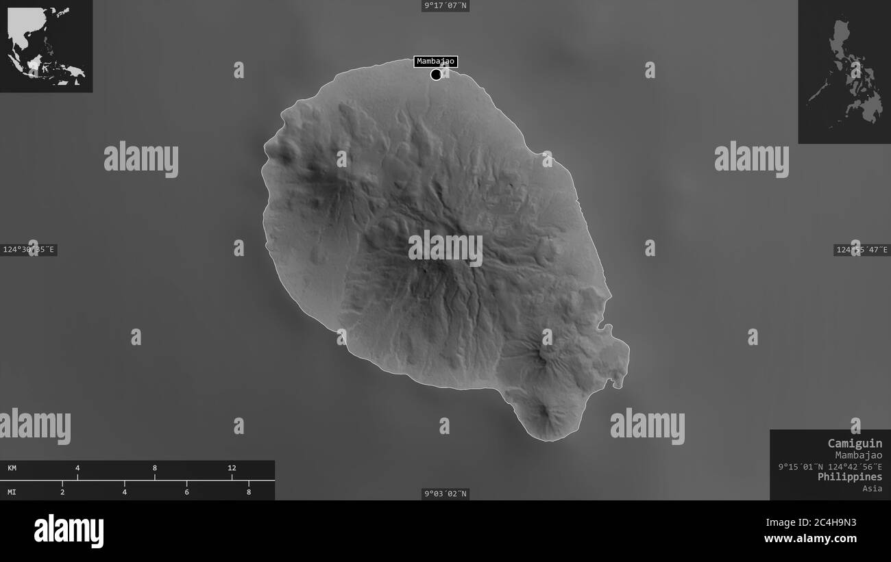 Camiguin, province of Philippines. Grayscaled map with lakes and rivers ...