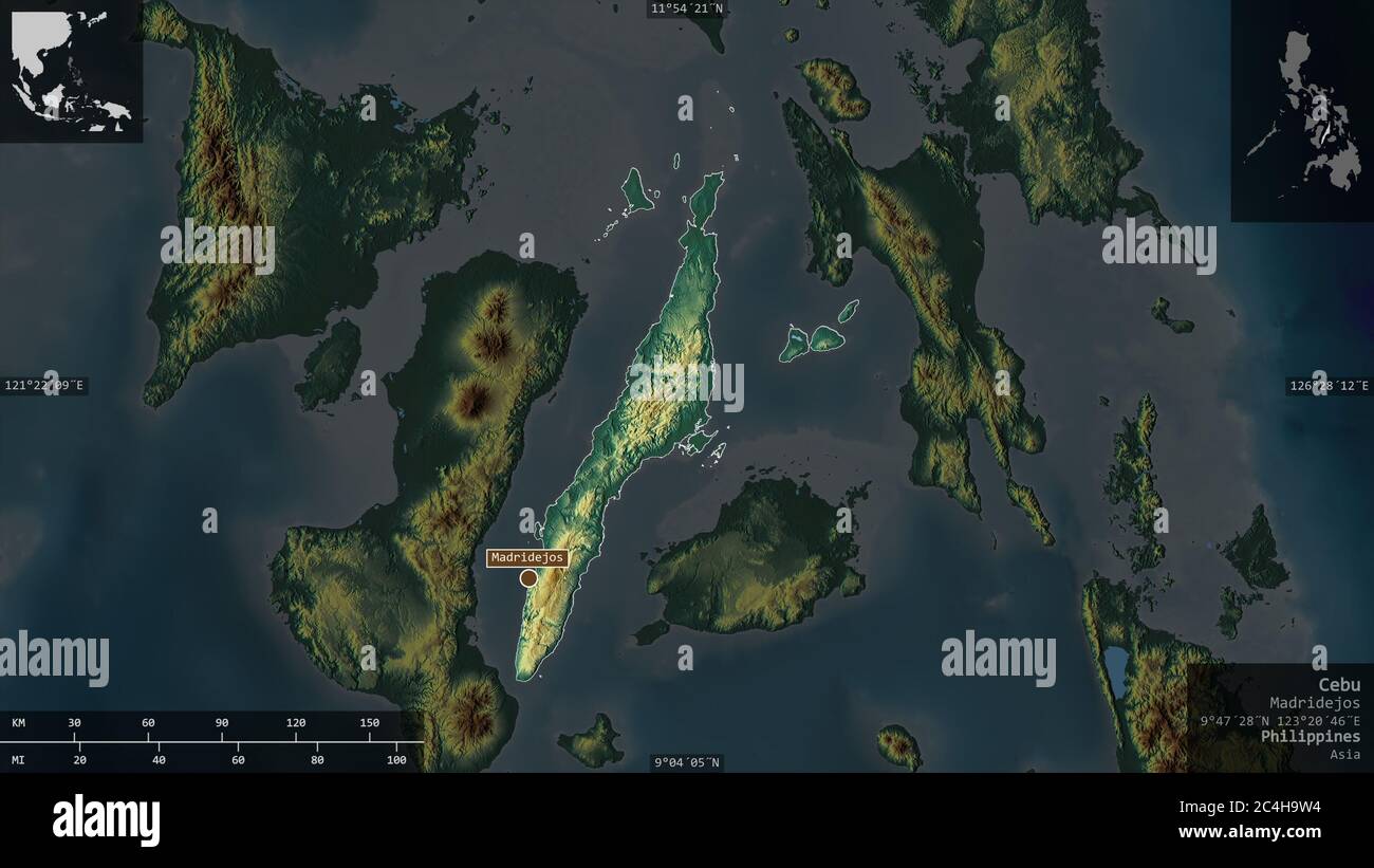Cebu, province of Philippines. Colored relief with lakes and rivers ...