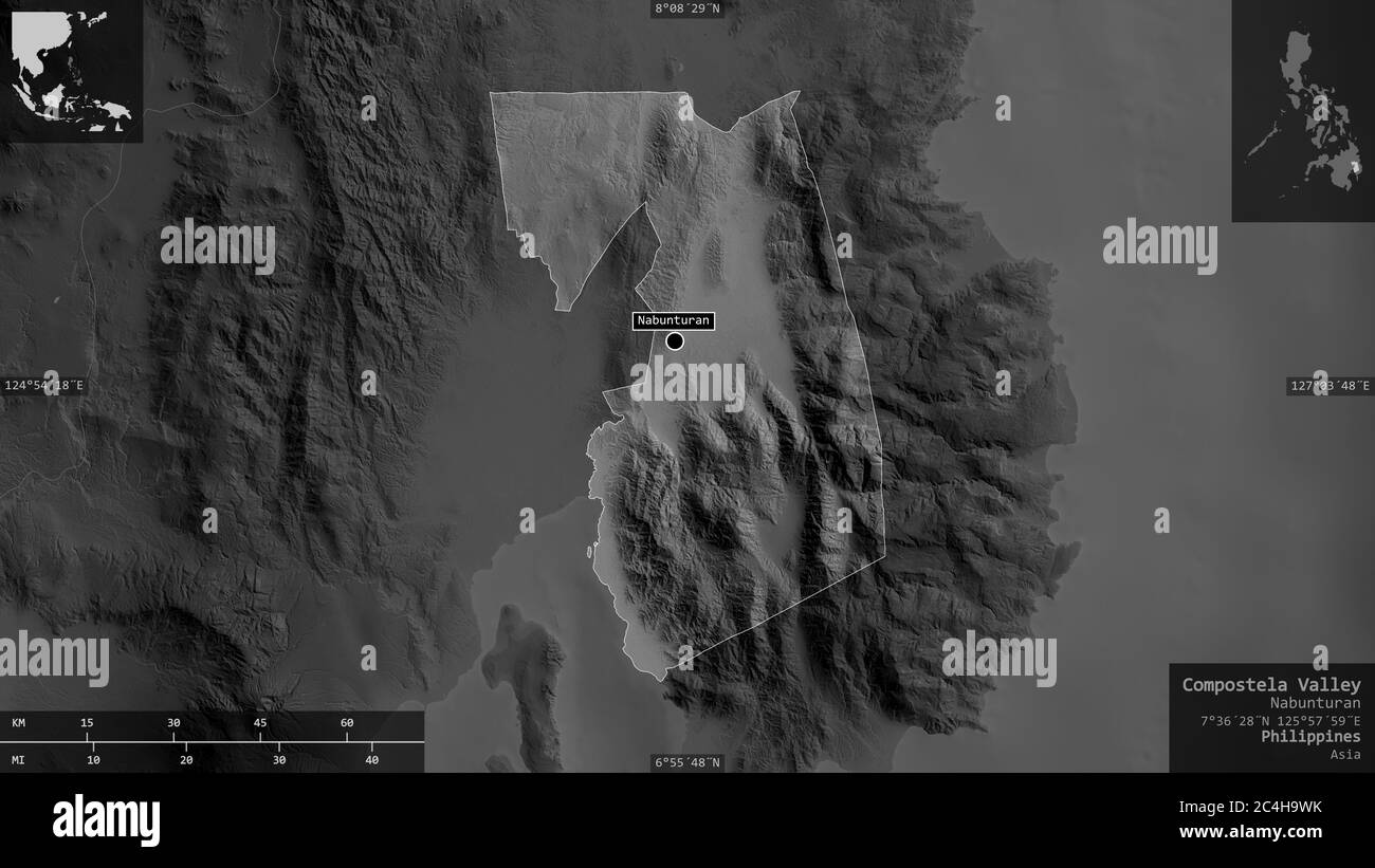 Compostela Valley, province of Philippines. Grayscaled map with lakes ...