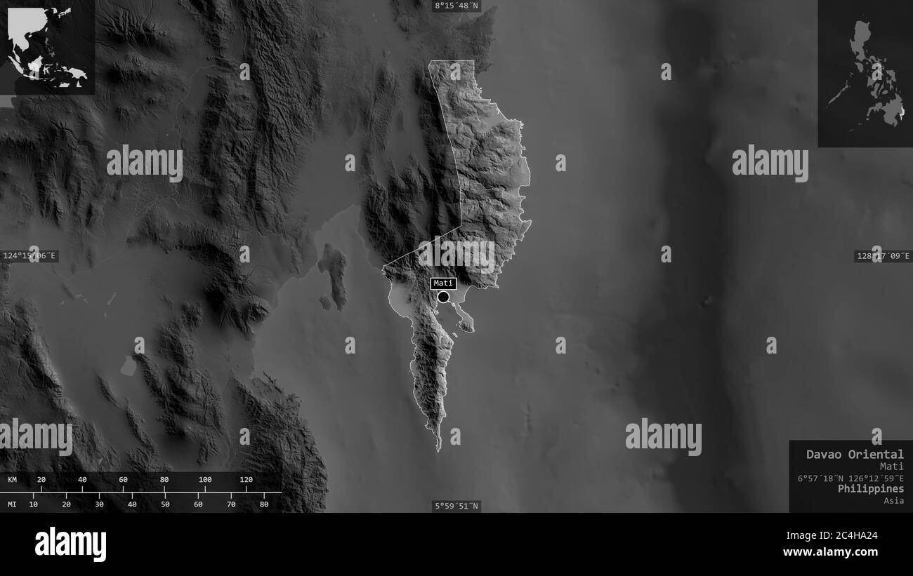Davao Oriental, province of Philippines. Grayscaled map with lakes and ...