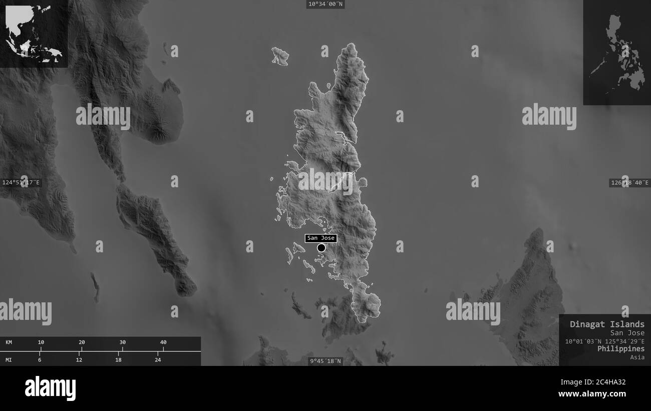 Dinagat Islands, province of Philippines. Grayscaled map with lakes and ...