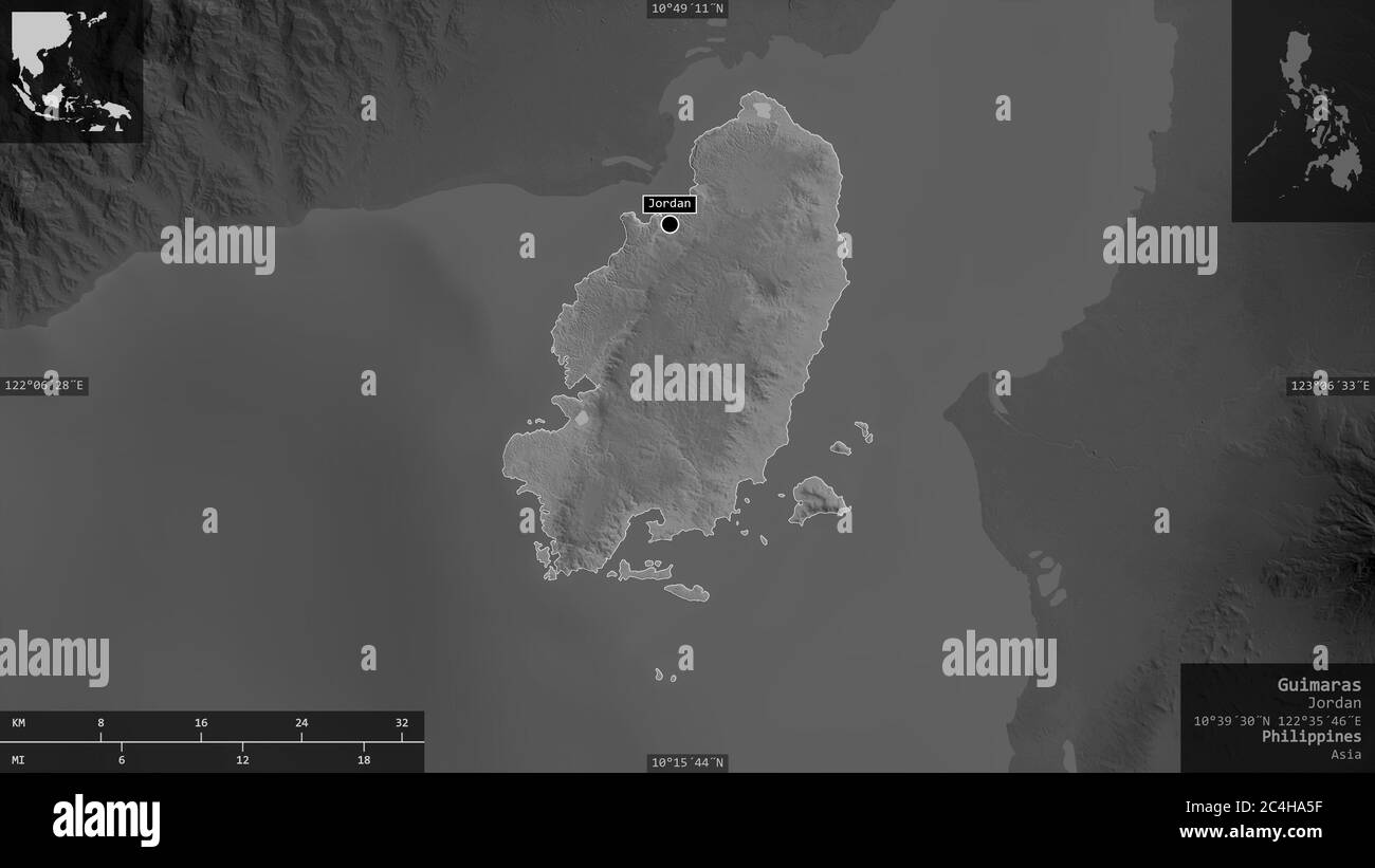 Guimaras, province of Philippines. Grayscaled map with lakes and rivers ...