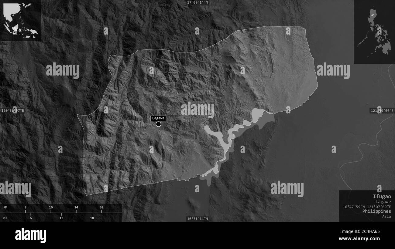 Ifugao, province of Philippines. Grayscaled map with lakes and rivers ...