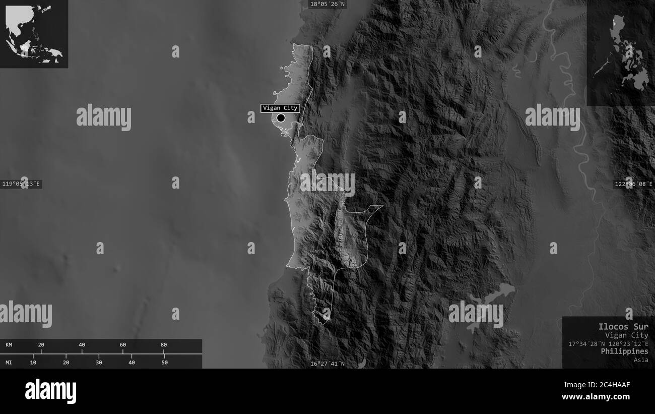 Ilocos Sur, province of Philippines. Grayscaled map with lakes and ...