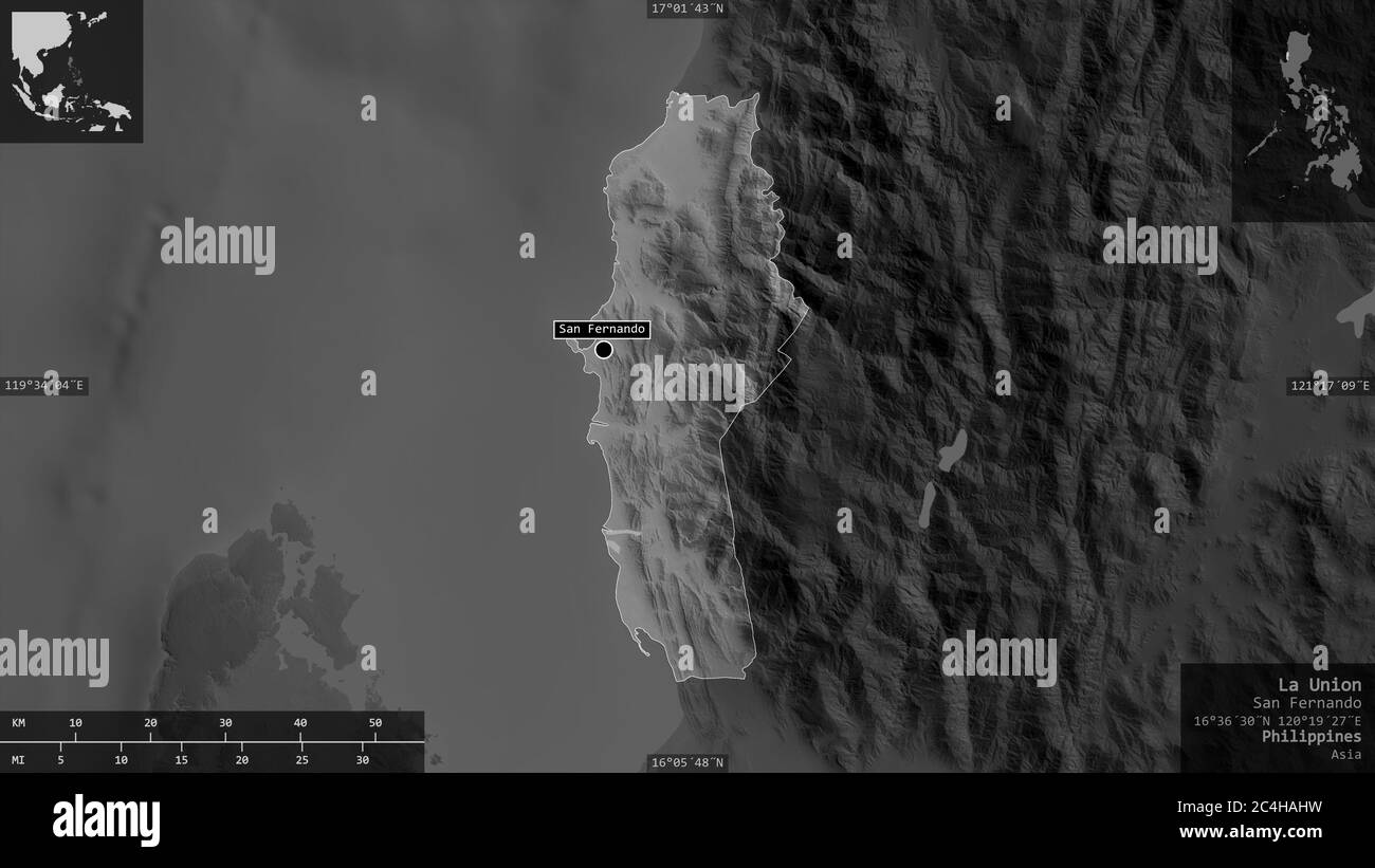 La Union, province of Philippines. Grayscaled map with lakes and rivers ...