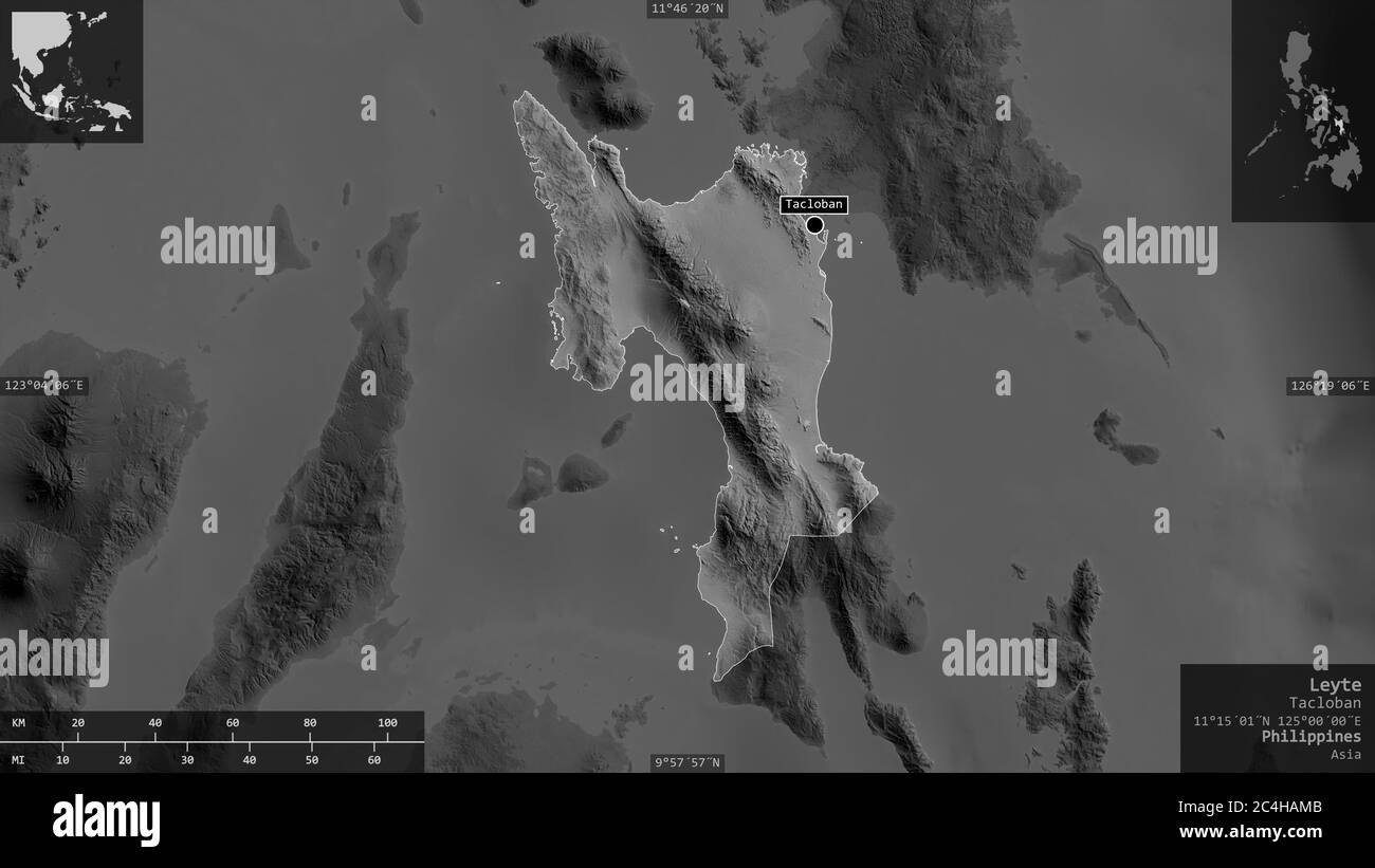Leyte, province of Philippines. Grayscaled map with lakes and rivers ...