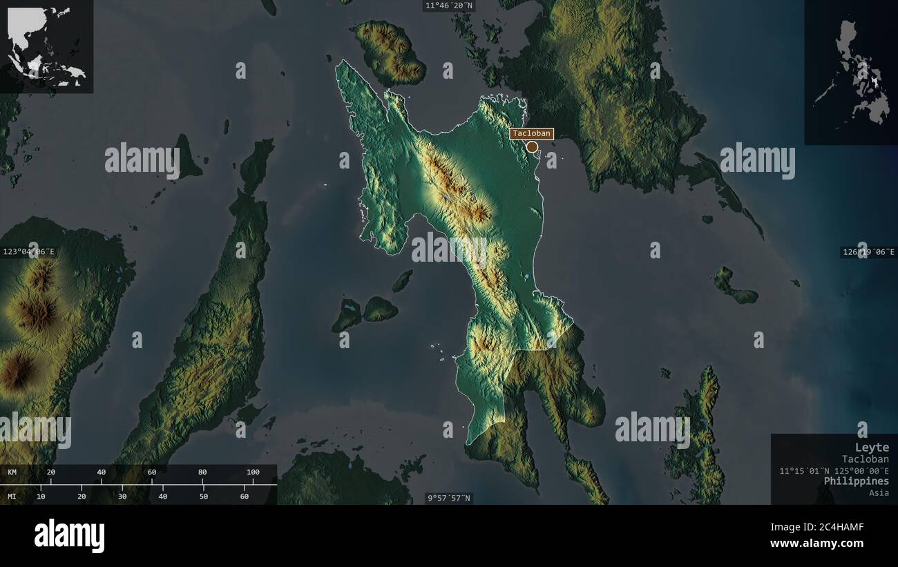 Leyte, province of Philippines. Colored relief with lakes and rivers ...