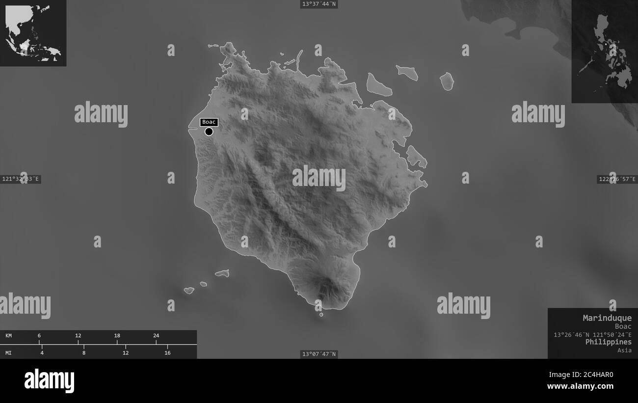 Marinduque, province of Philippines. Grayscaled map with lakes and ...