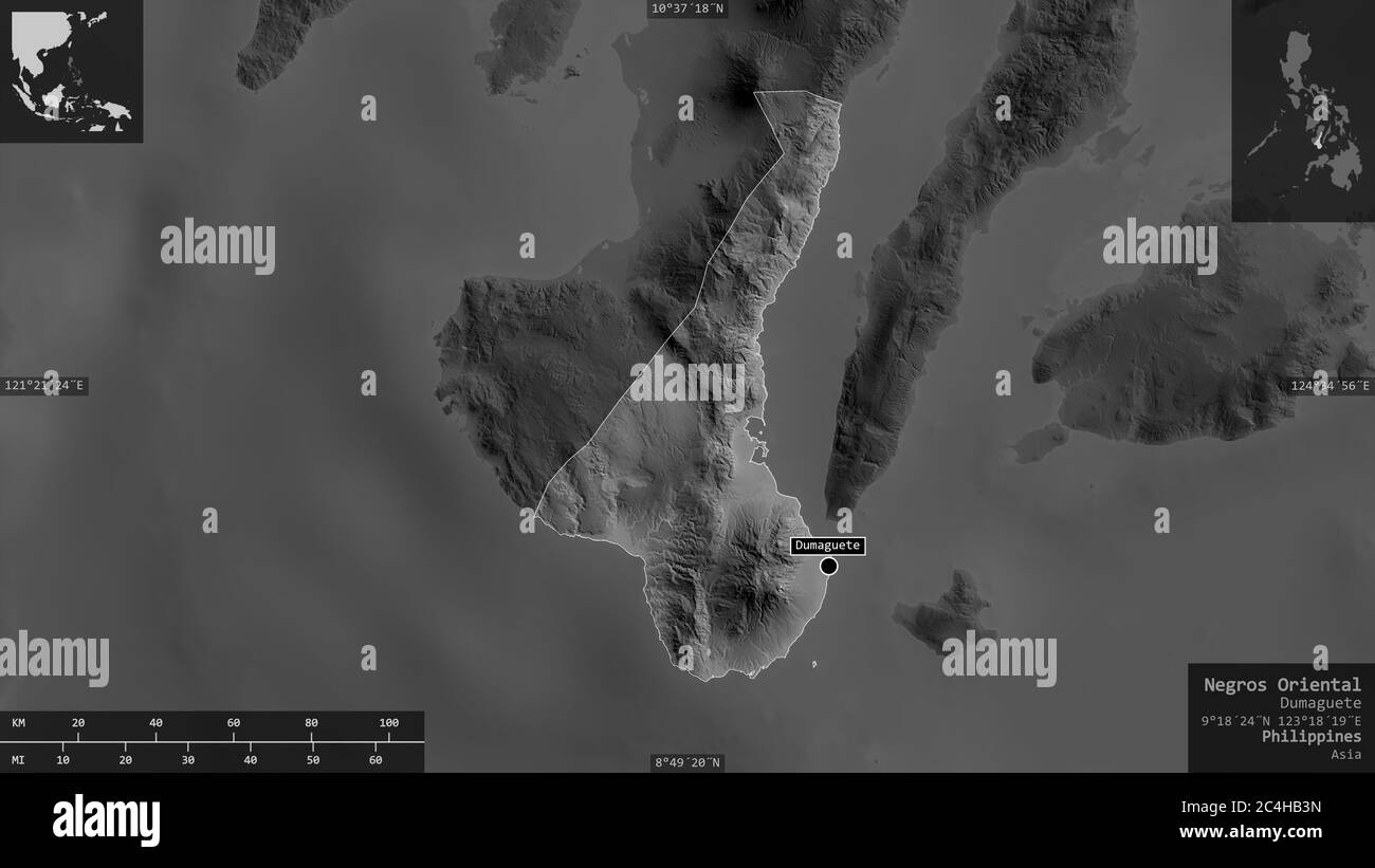 Negros Oriental, province of Philippines. Grayscaled map with lakes and ...