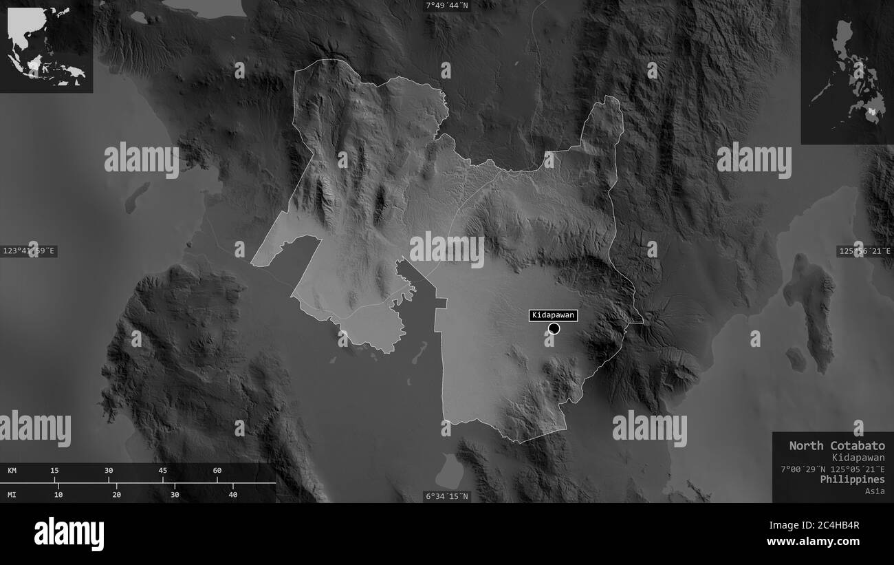 North Cotabato, province of Philippines. Grayscaled map with lakes and ...