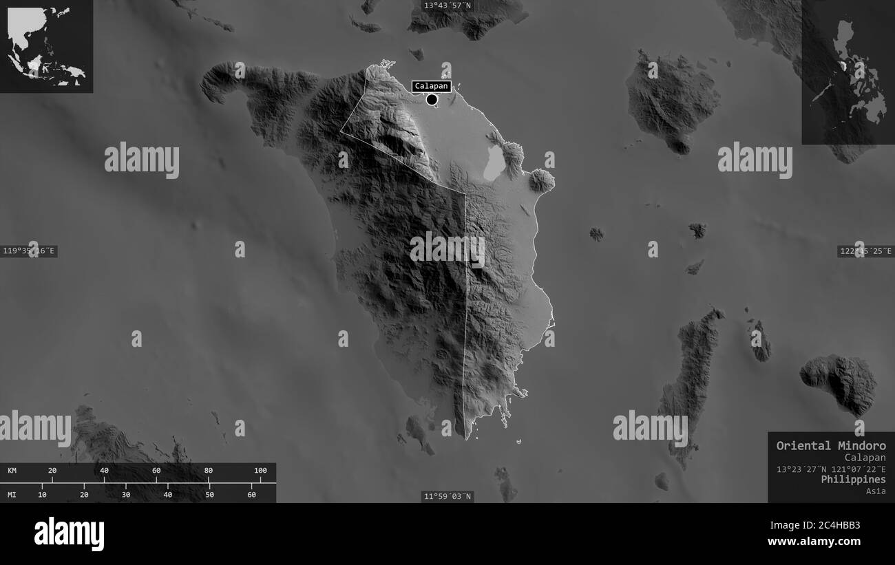 Oriental Mindoro, province of Philippines. Grayscaled map with lakes ...