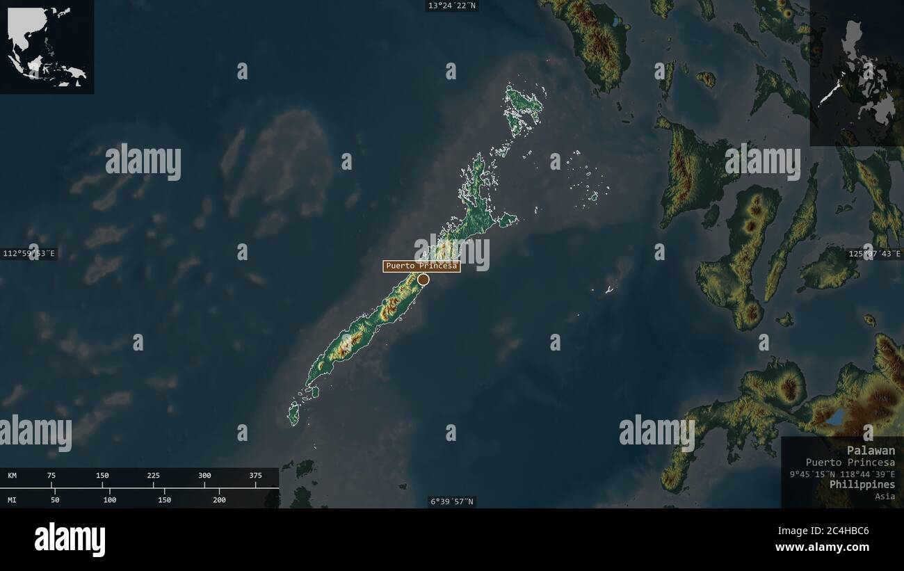 Palawan, province of Philippines. Colored relief with lakes and rivers ...