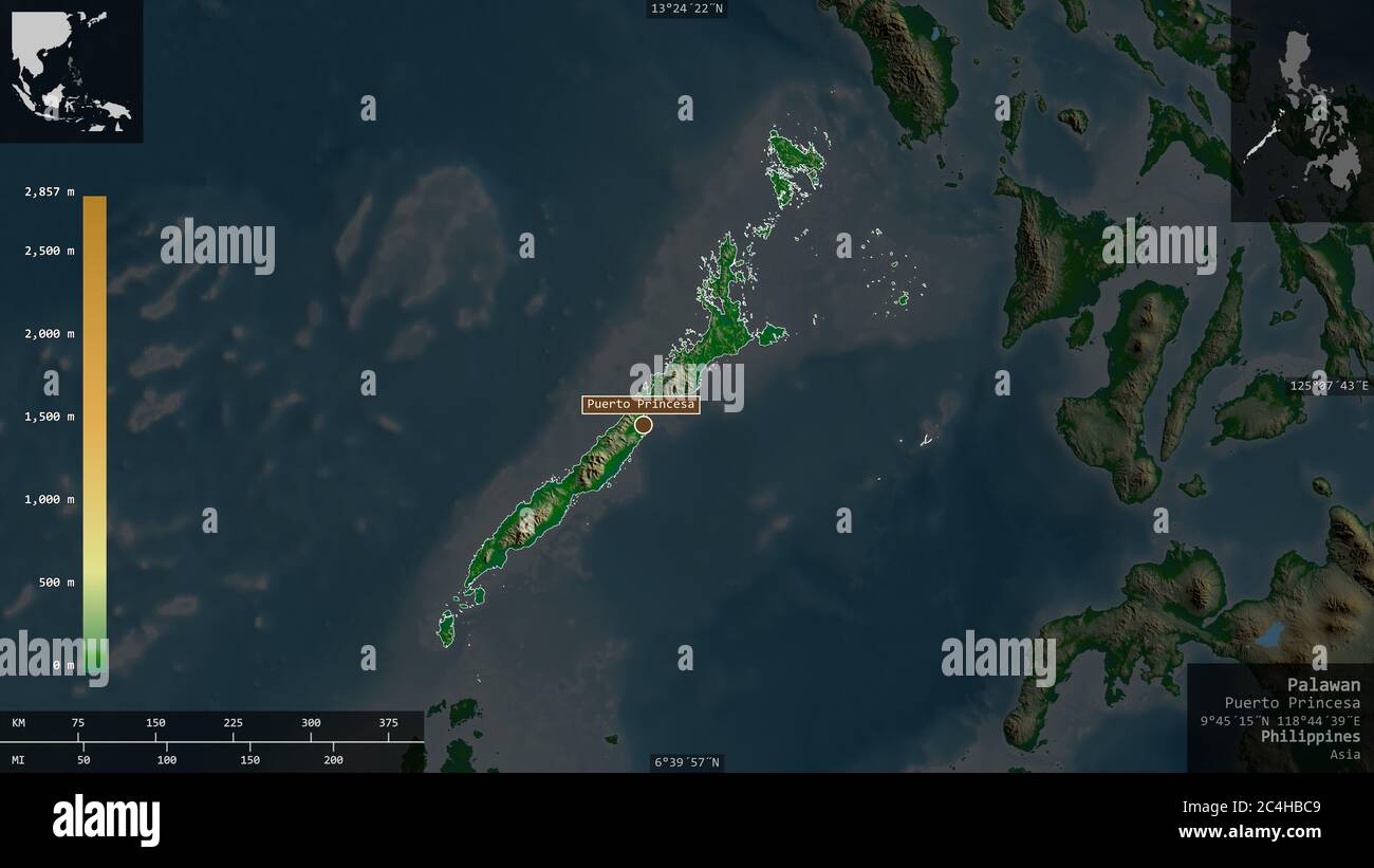 Palawan, province of Philippines. Colored shader data with lakes and ...
