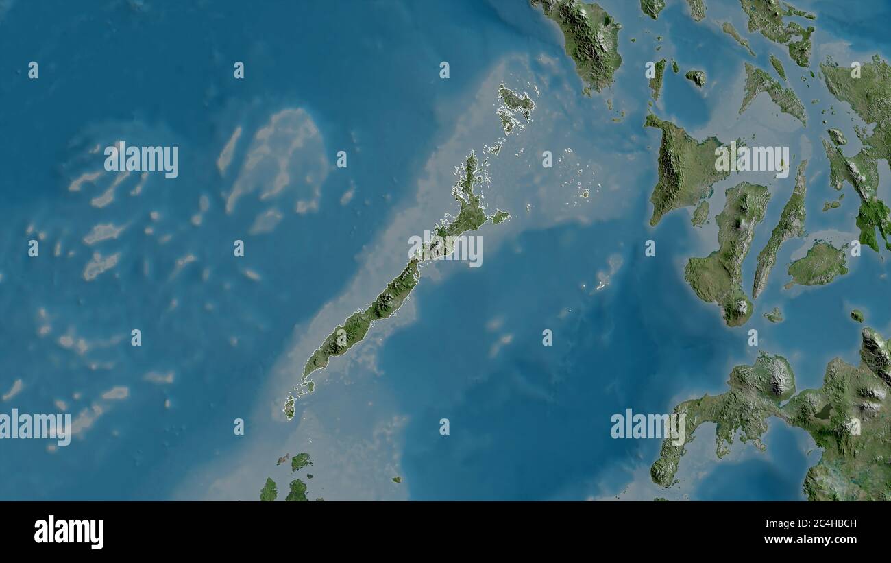 Palawan, province of Philippines. Satellite imagery. Shape outlined ...
