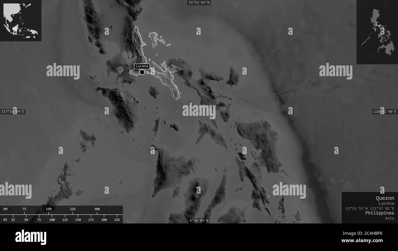 Quezon, province of Philippines. Grayscaled map with lakes and rivers ...