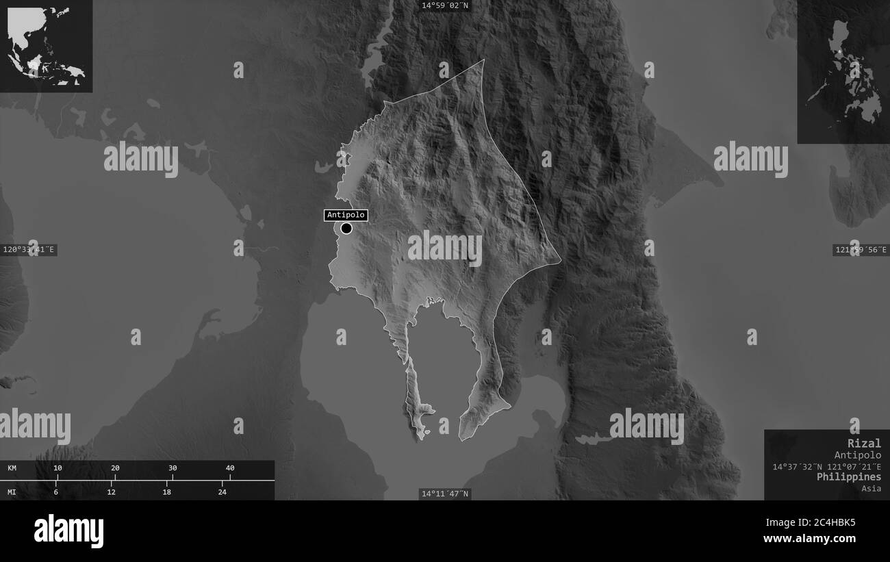 Rizal, province of Philippines. Grayscaled map with lakes and rivers ...