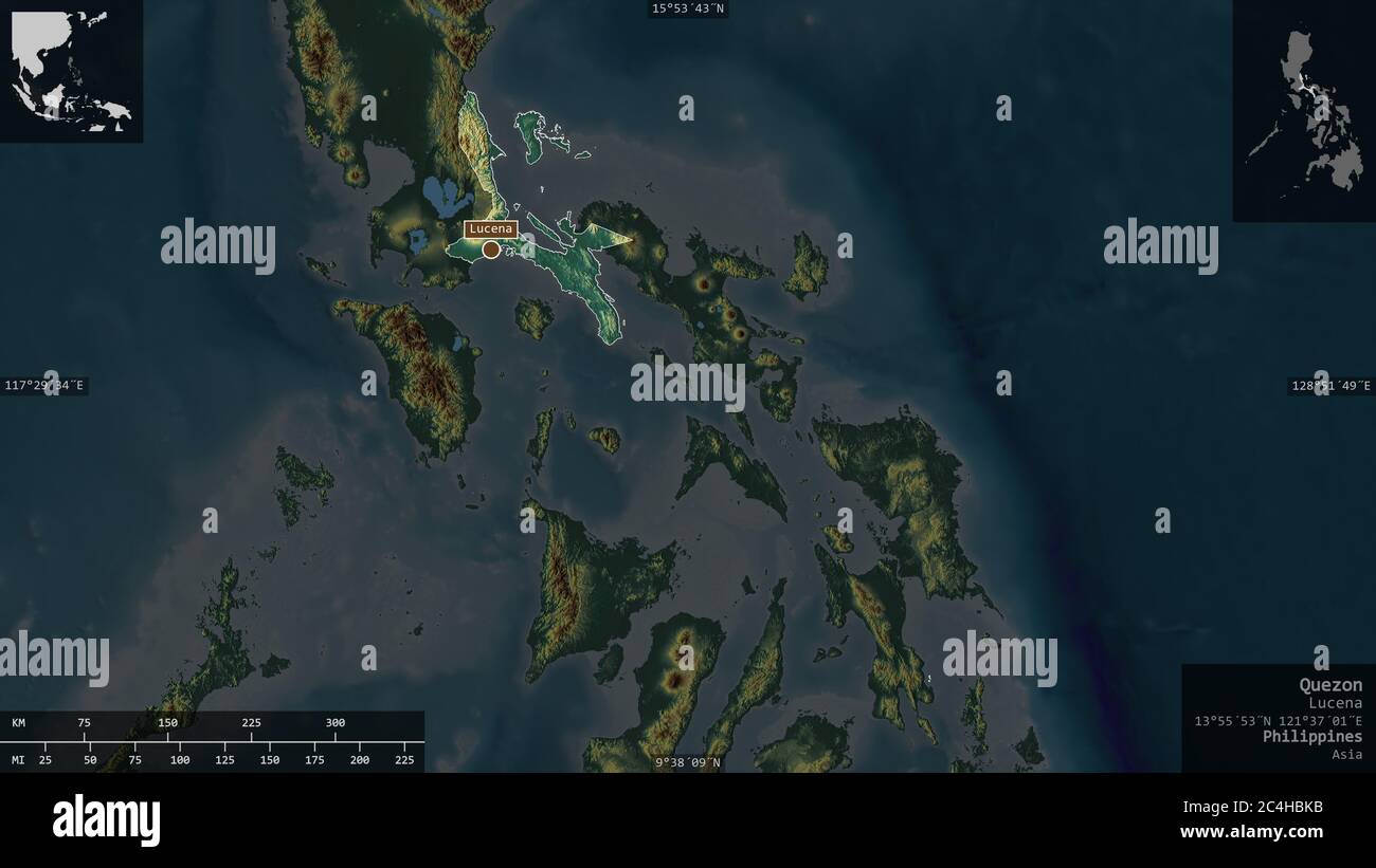 Quezon, province of Philippines. Colored relief with lakes and rivers ...