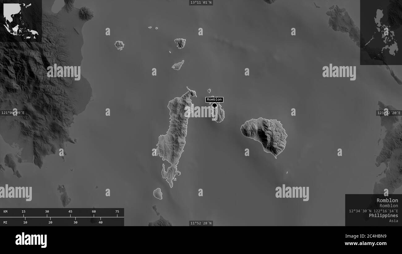 Romblon, province of Philippines. Grayscaled map with lakes and rivers ...