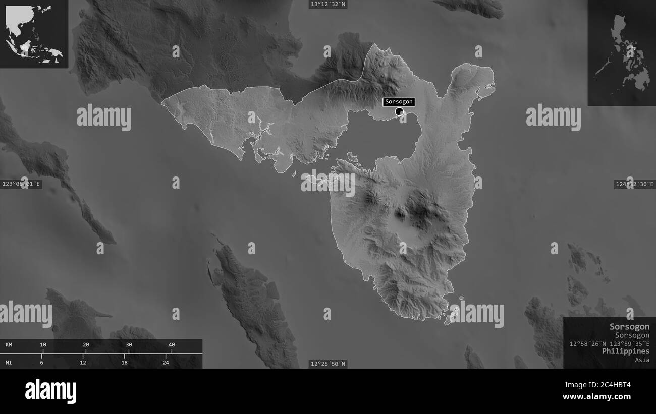 Sorsogon, province of Philippines. Grayscaled map with lakes and rivers ...