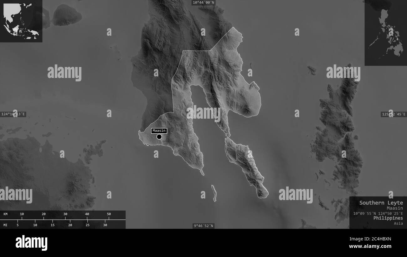 Southern Leyte, province of Philippines. Grayscaled map with lakes and ...