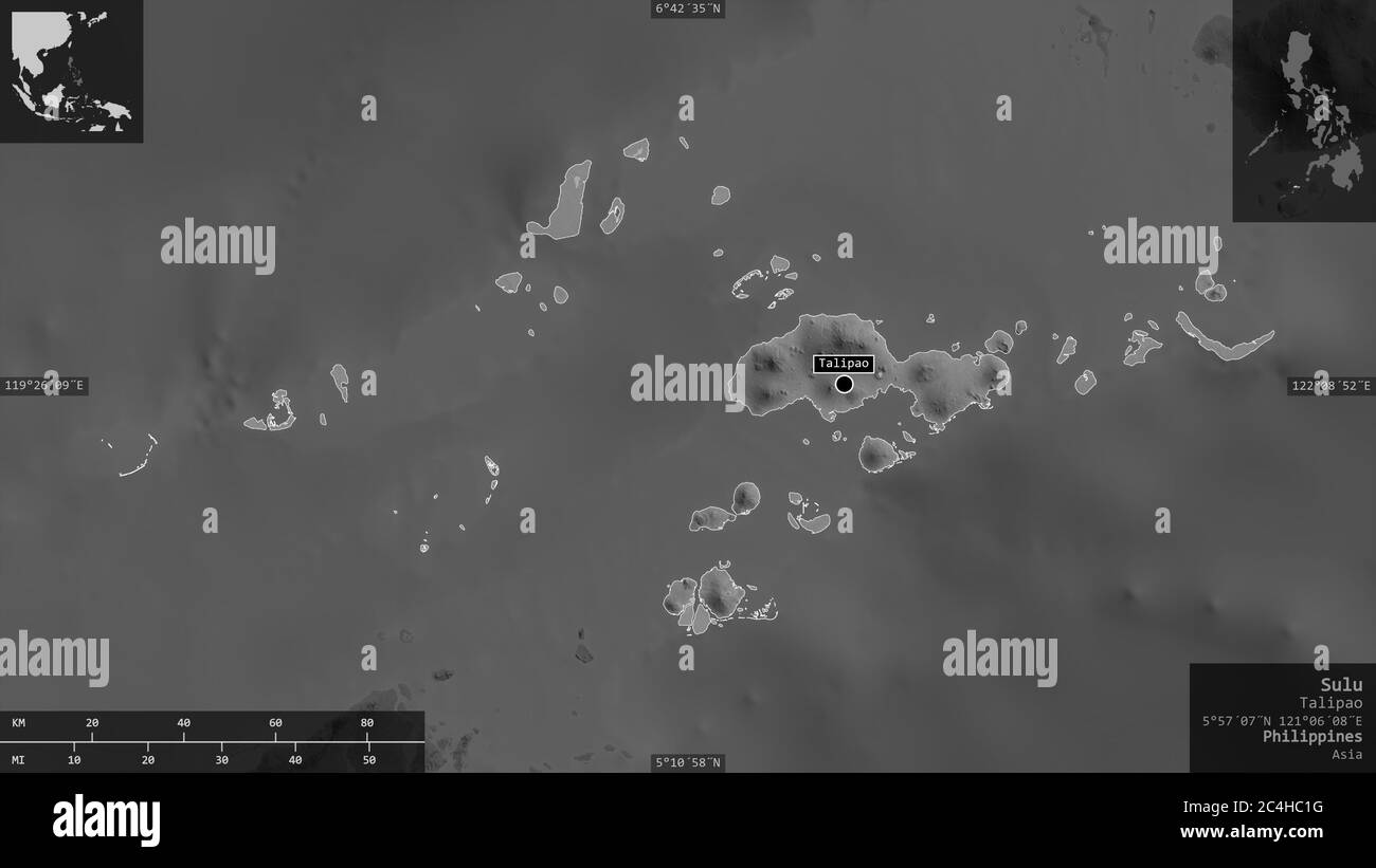 Sulu, province of Philippines. Grayscaled map with lakes and rivers ...