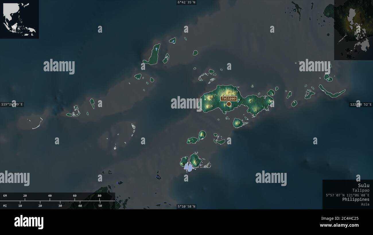 Sulu, province of Philippines. Colored relief with lakes and rivers ...