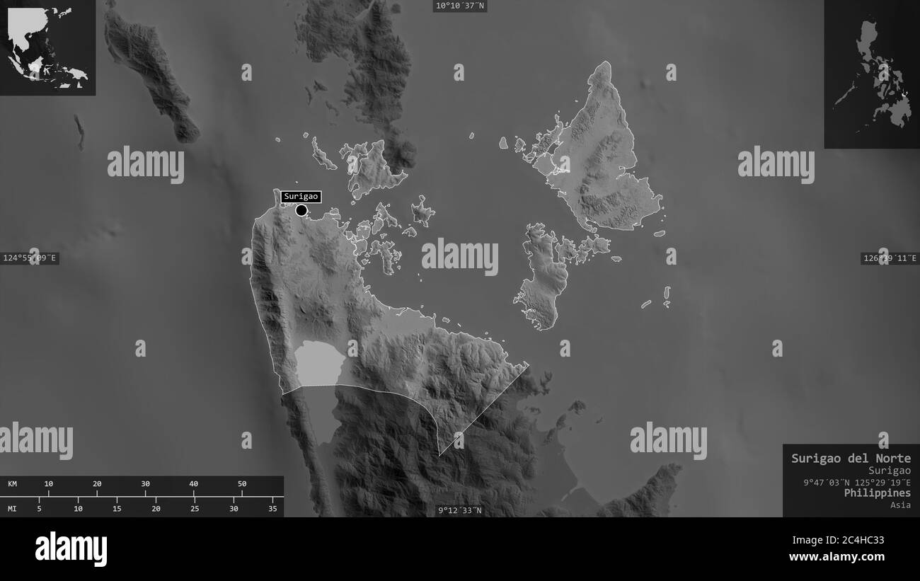 Surigao del Norte, province of Philippines. Grayscaled map with lakes ...