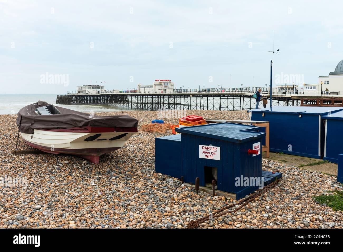Boat on Worthing Beach with apparatus for pulling the boat up the beach ...