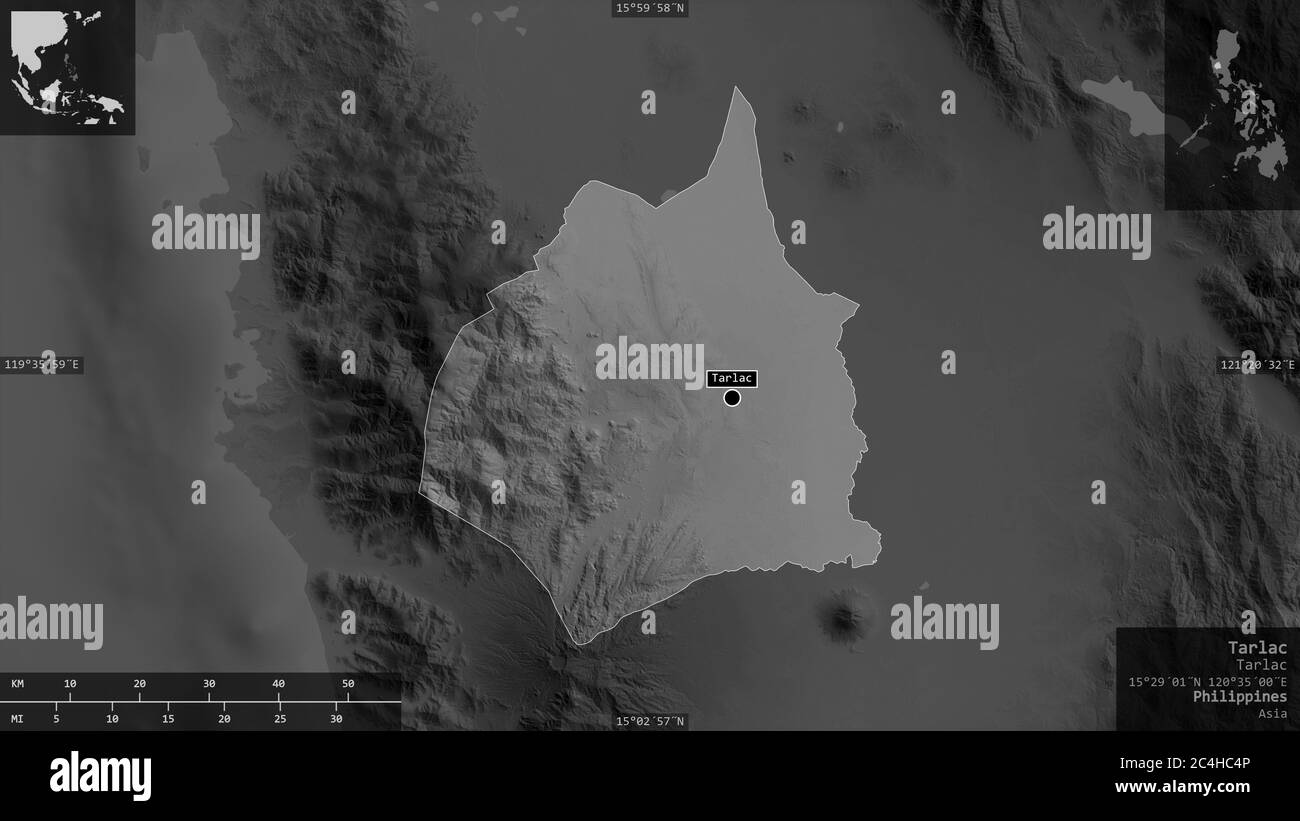 Tarlac, province of Philippines. Grayscaled map with lakes and rivers ...