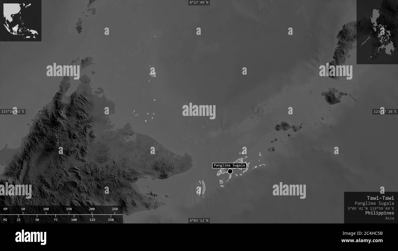 Tawi-Tawi, province of Philippines. Grayscaled map with lakes and ...