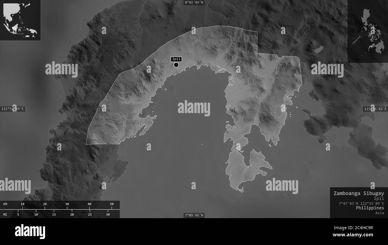 Zamboanga Sibugay, province of Philippines. Grayscaled map with lakes ...