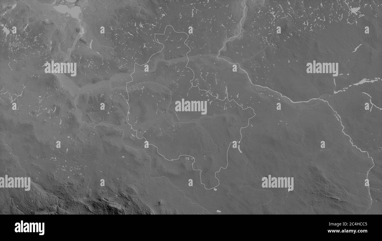 Greater Poland, voivodeship of Poland. Grayscaled map with lakes and rivers. Shape outlined ...
