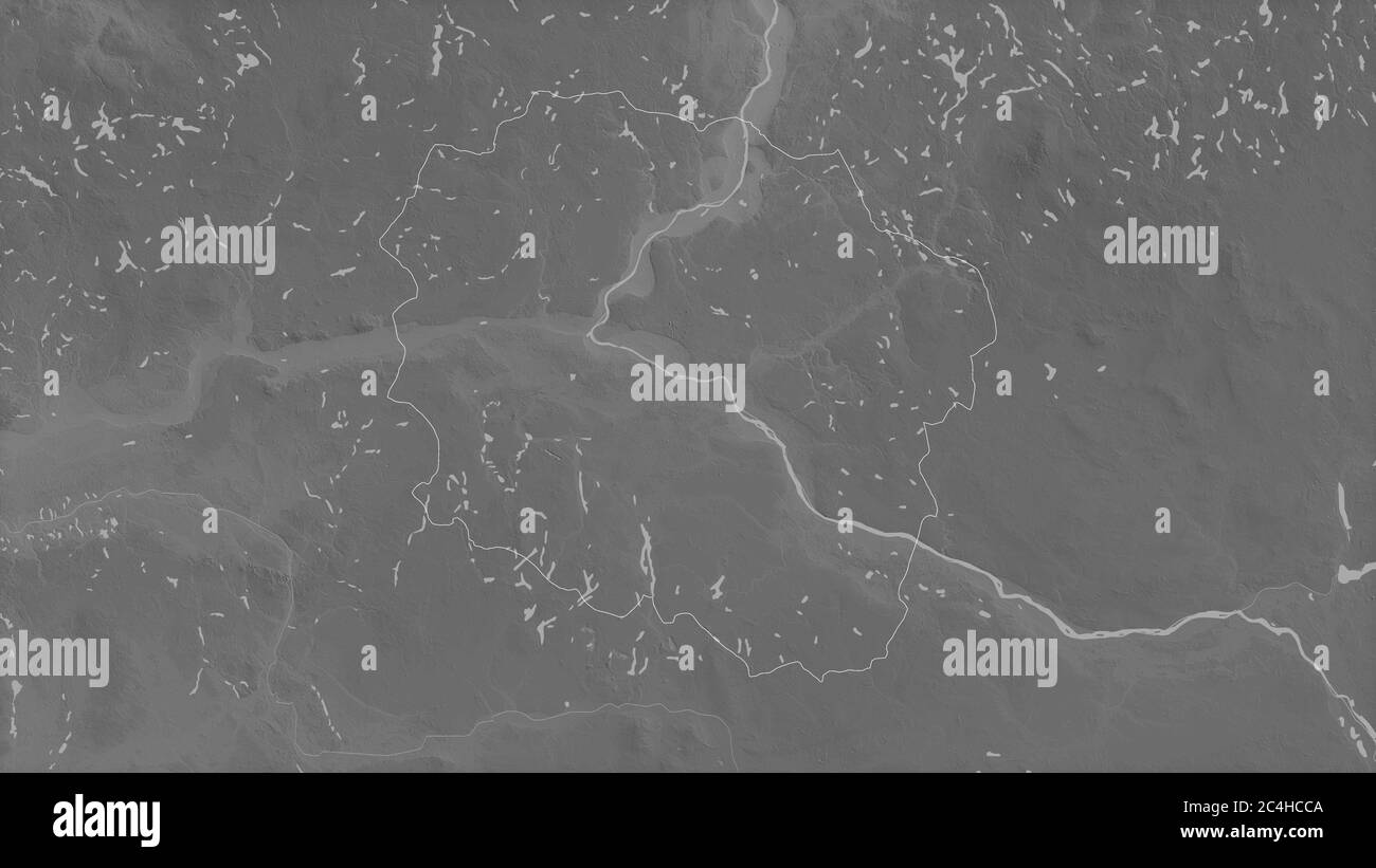 Kuyavian-Pomeranian, voivodeship of Poland. Grayscaled map with lakes and rivers. Shape outlined ...